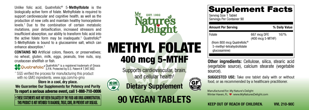 Methyl Folate 400 mcg 5-MTHF - 90 Vegan Tabs - My Natures Delight